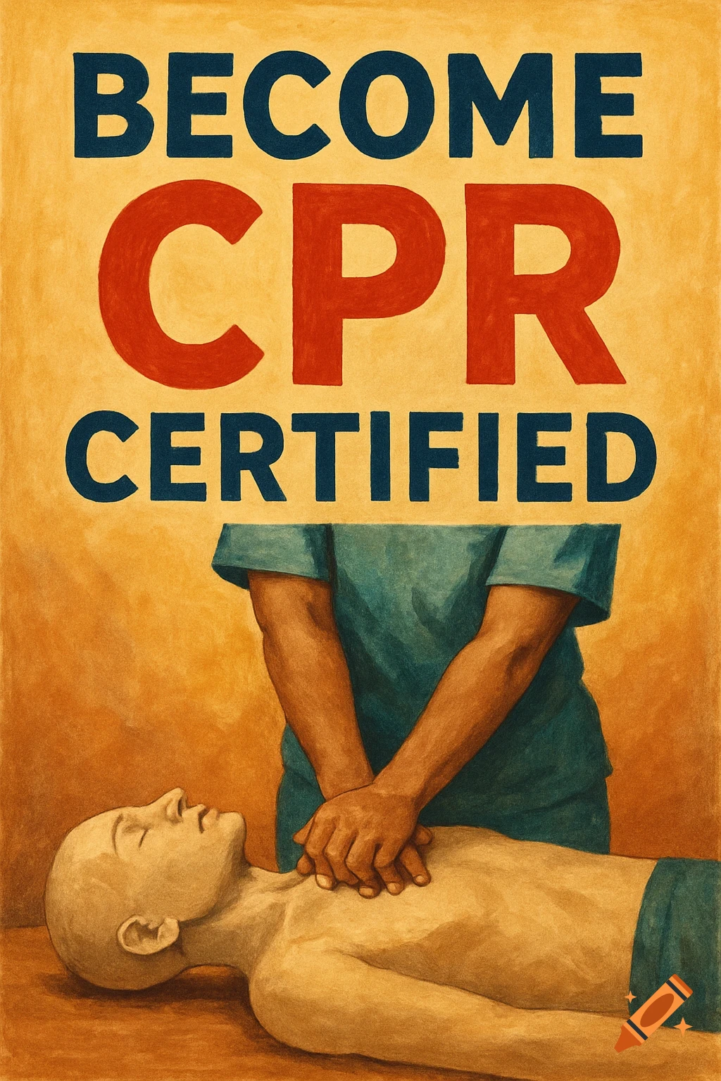 Poster with text "BECOME CPR CERTIFIED" showing someone performing CPR. Illustration style. on ...