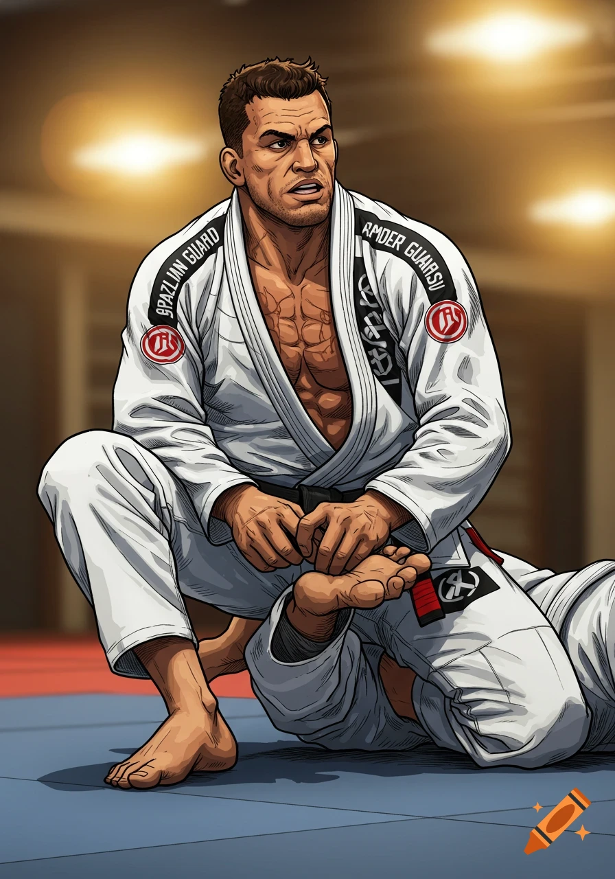 Illustration of a male martial artist in a white gi crouching on a mat ...