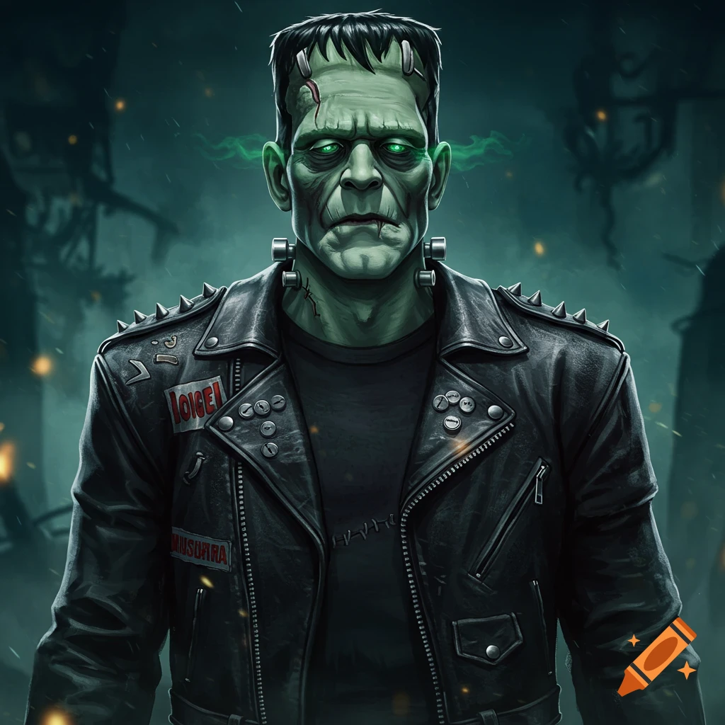 Close-up digital illustration of Frankenstein's monster wearing a black ...