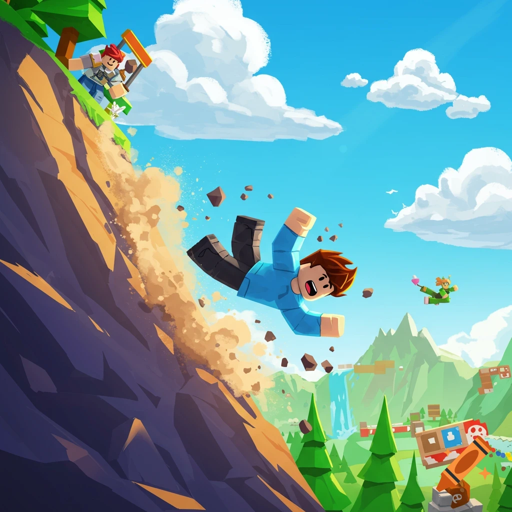 Blocky character falls down a mountain as another character stands ...