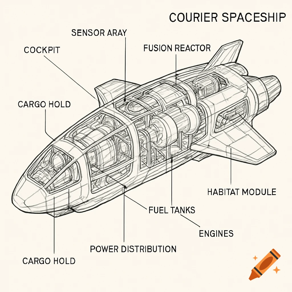 A detailed line drawing diagram of a courier spaceship, showing ...