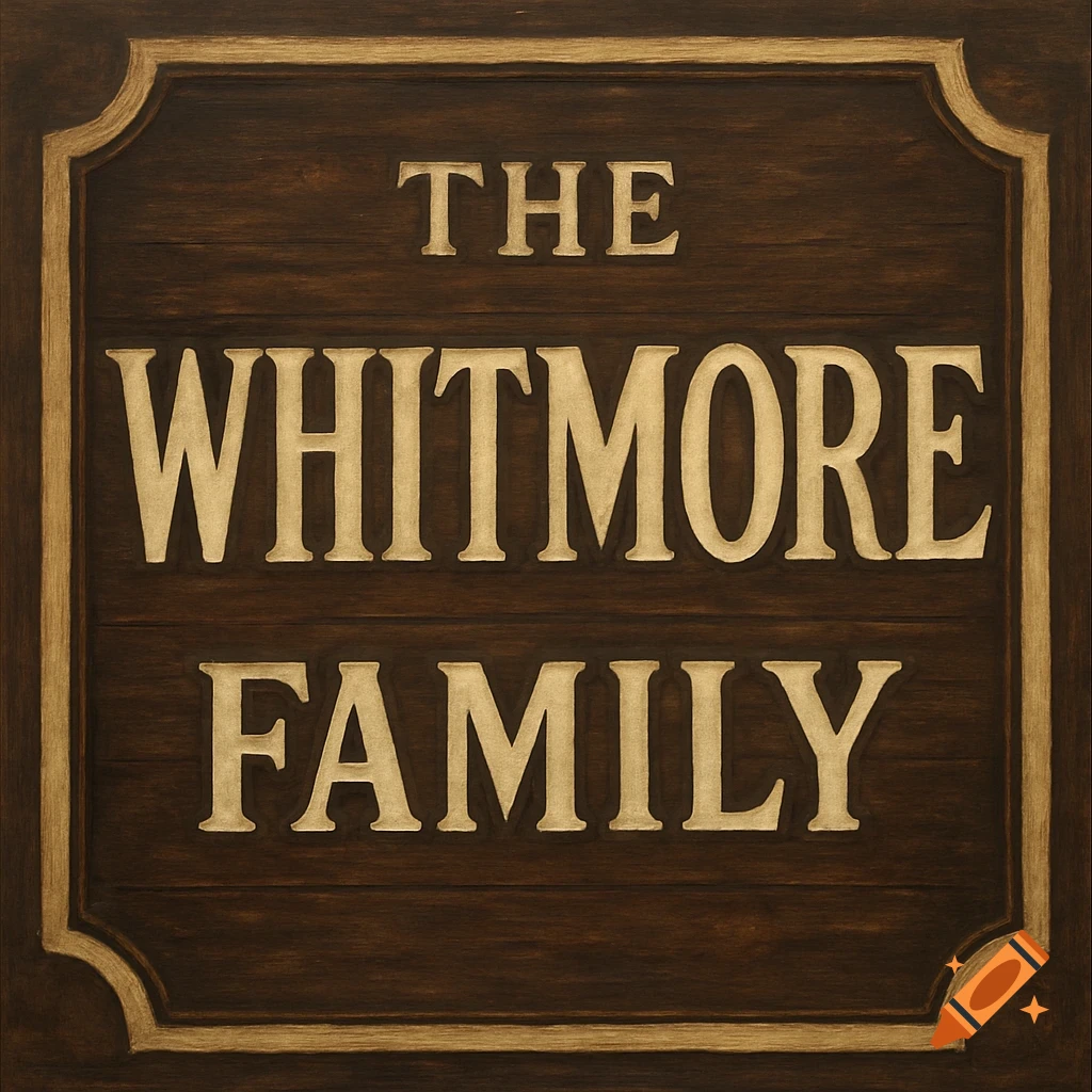 A wooden sign with the text THE WHITMORE FAMILY carved in gold letters ...