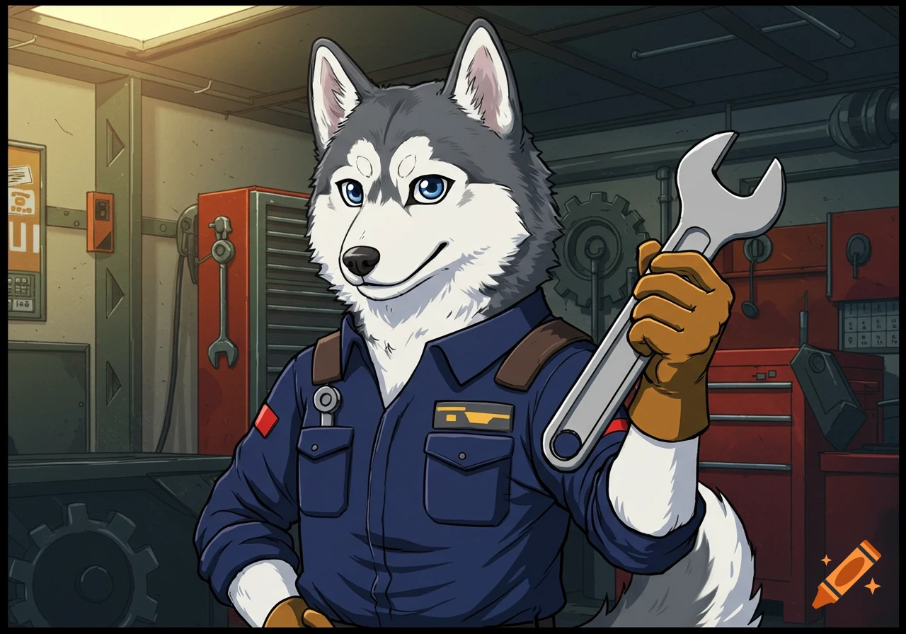 Anime style drawing of a husky dog wearing a mechanic uniform and ...