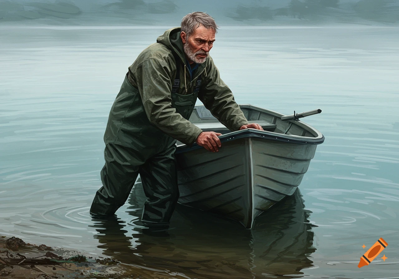 Illustration of a man in waders pushing a small boat into the water. on ...