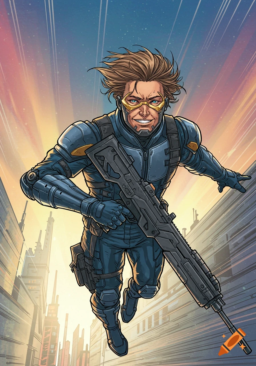 Comic book illustration of a flying hero with a rifle over a futuristic ...