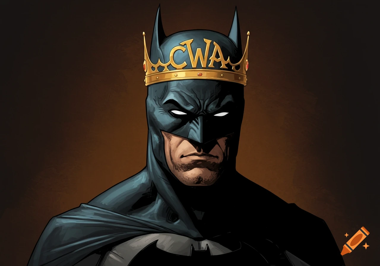 Portrait of Batman wearing a crown with 'CWA' on it, comic book style ...