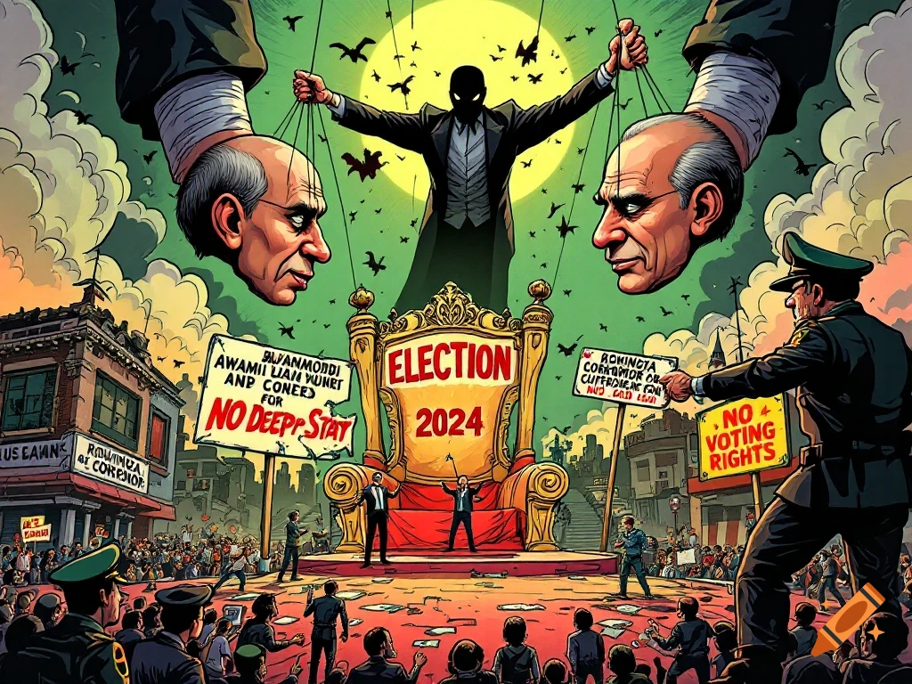 Cartoon of giant heads as puppets over a political election scene with ...