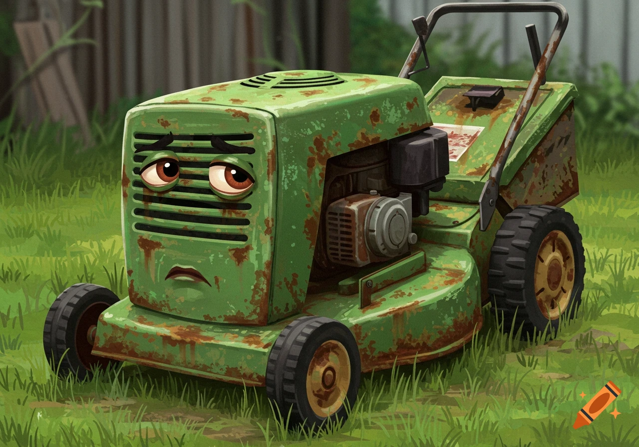 A green, rusty cartoon lawn mower with tired eyes sits in grass. on Craiyon