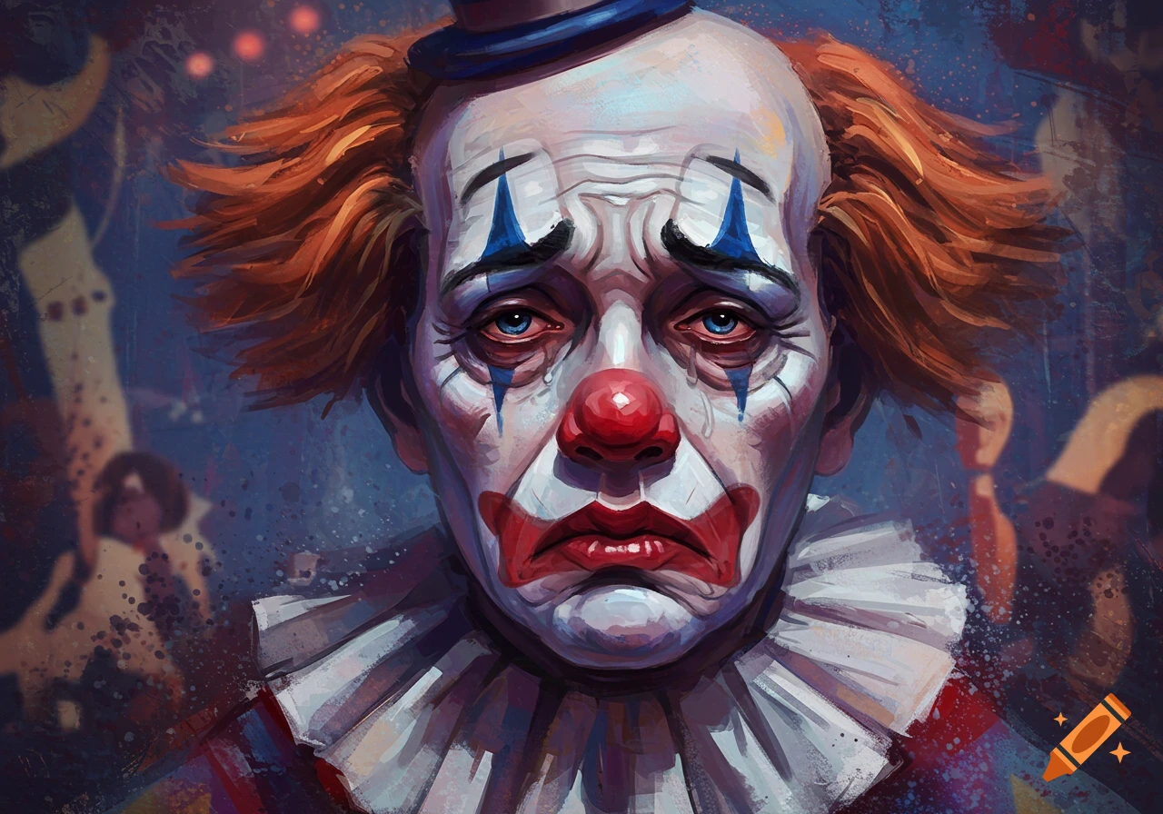 Painting close-up of a sad clown with face makeup and tears on Craiyon