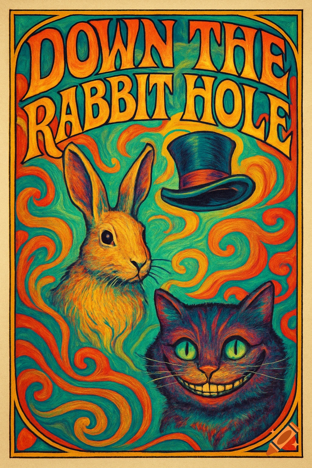 Psychedelic poster with rabbit, Cheshire Cat, floating hat, and "Down ...