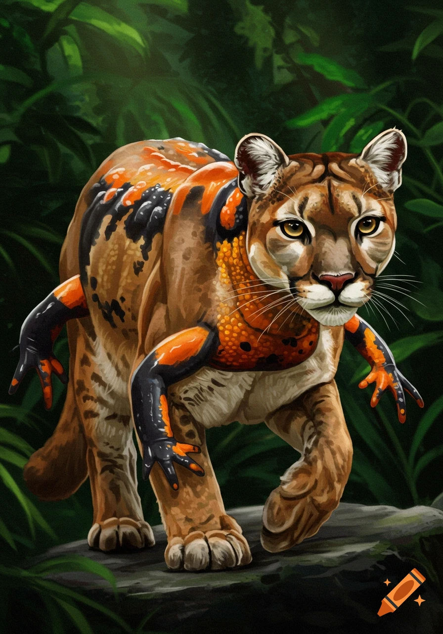 A hybrid creature blending a puma and a salamander stands in a jungle ...