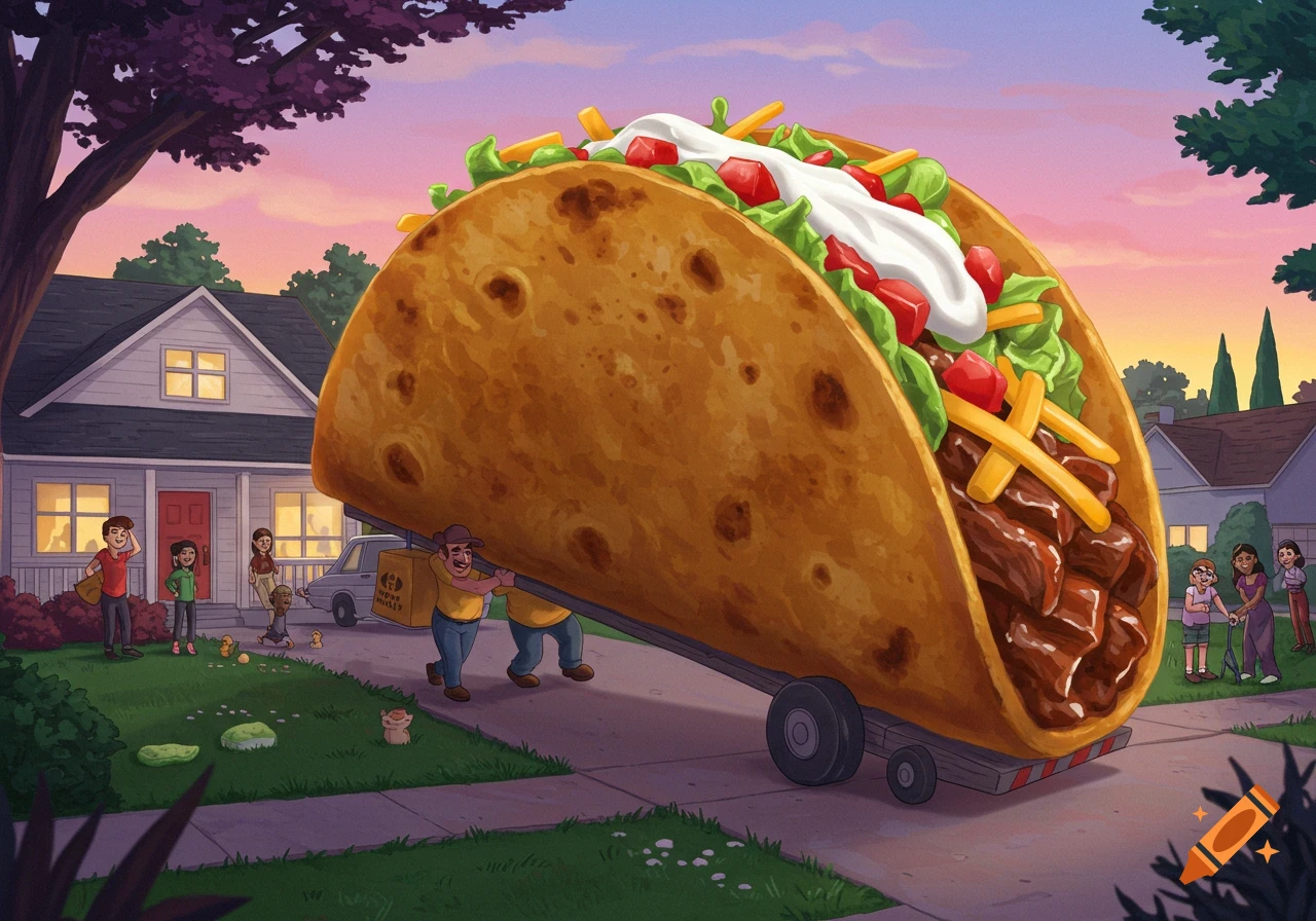 Giant steak taco being moved by men on a dolly outside a suburban house ...