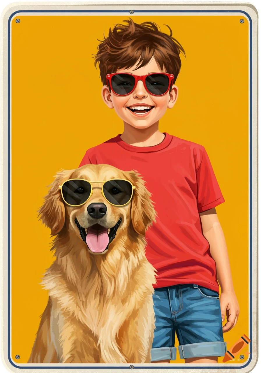 Drawing of a boy and a golden retriever wearing sunglasses in a vintage ...