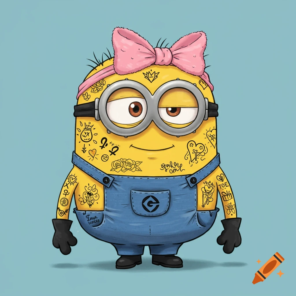 Cartoon Minion character covered in tattoos and wearing a pink bow and ...
