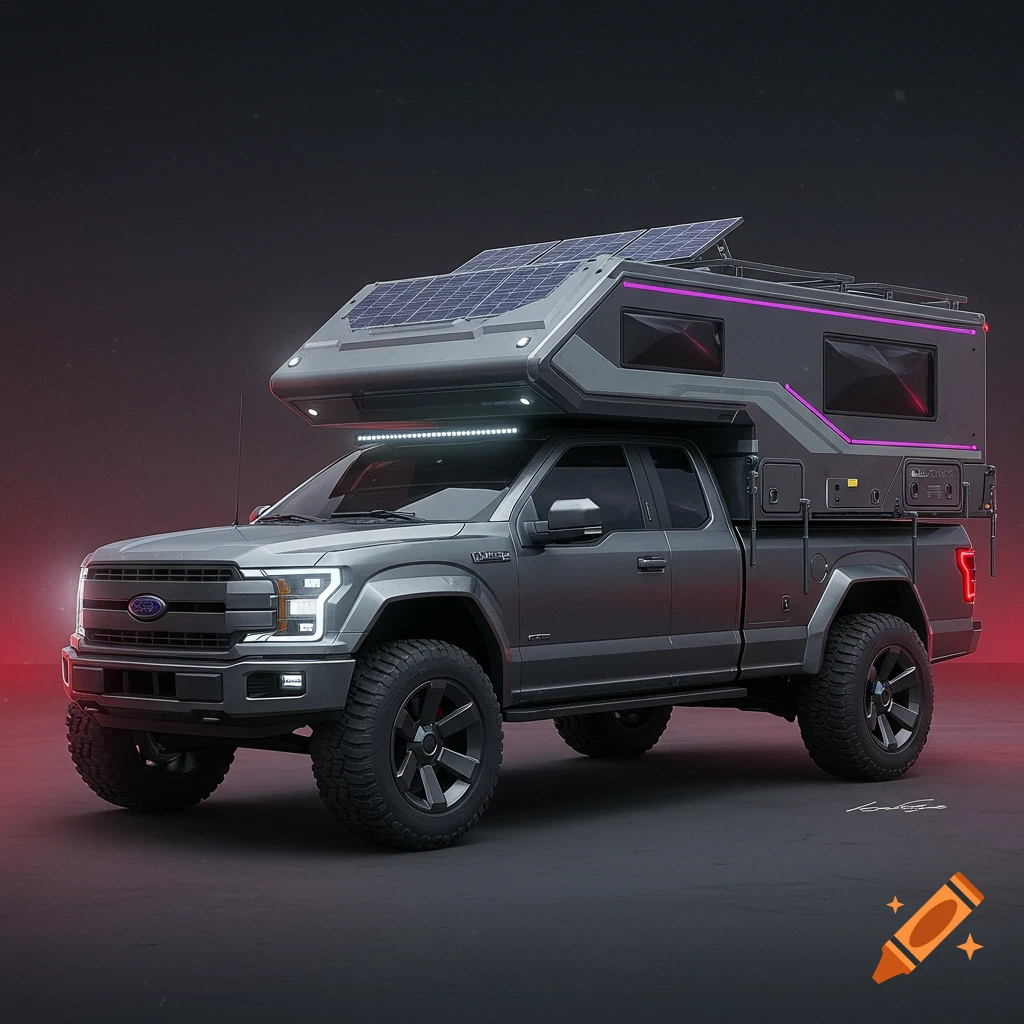 Futuristic grey Ford F-150 truck with a cyberpunk style camper shell ...