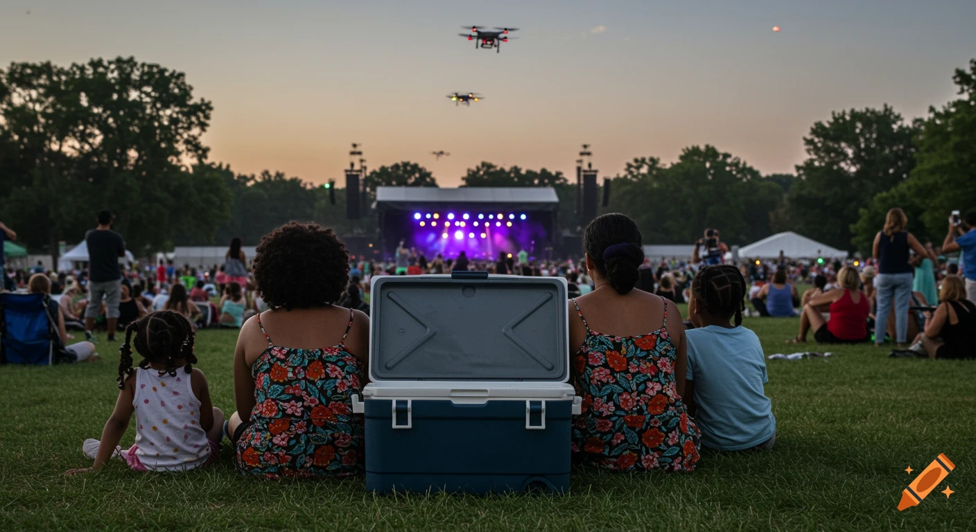 A family sits on grass with a cooler, watching a concert stage with drones overhead at sunset ...