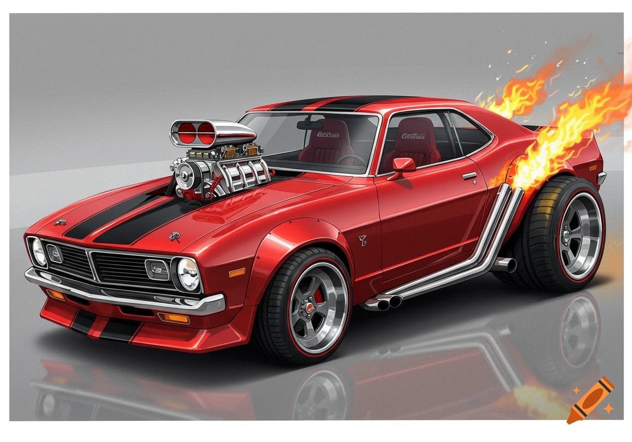 Stylized illustration of a red hot rod muscle car with black stripes ...