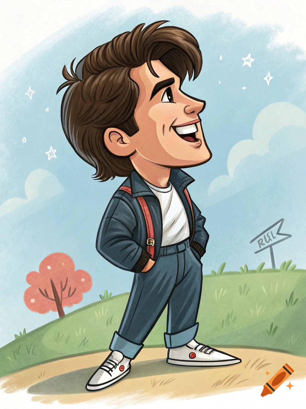 Cartoon caricature of a young man in a jacket and suspenders looking up ...