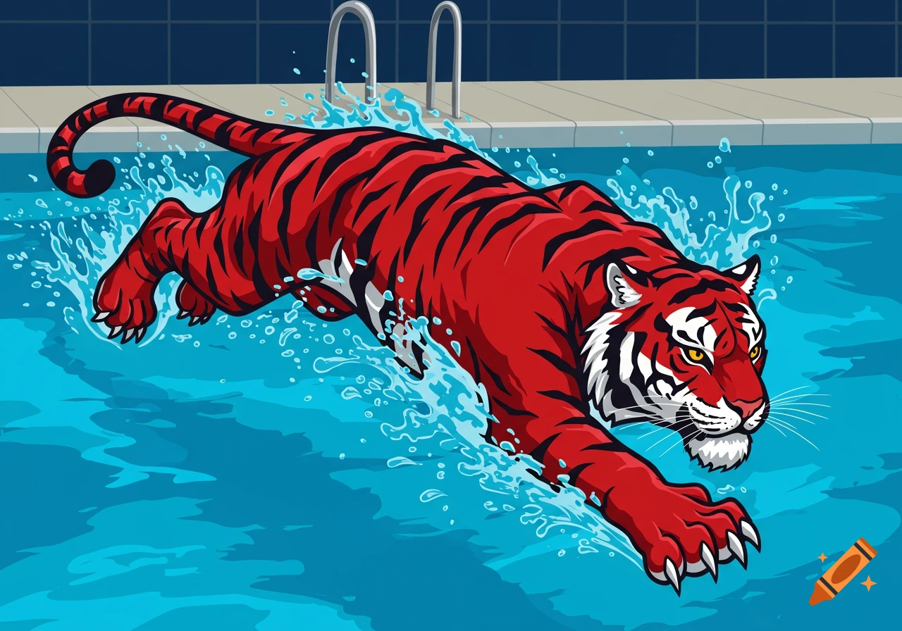 Stylized red and black tiger diving into a swimming pool with water ...
