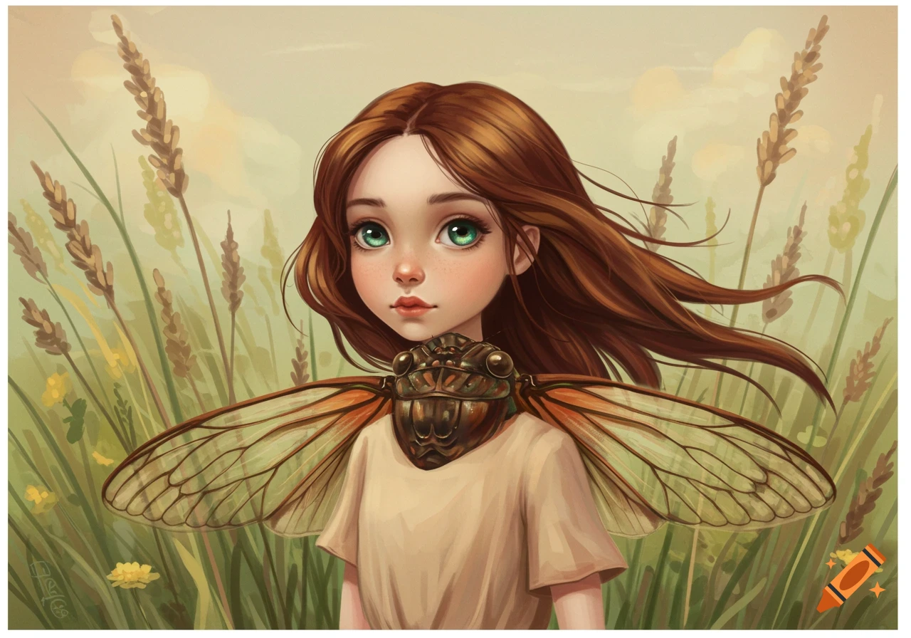 An illustration of a young girl with cicada wings and features standing ...