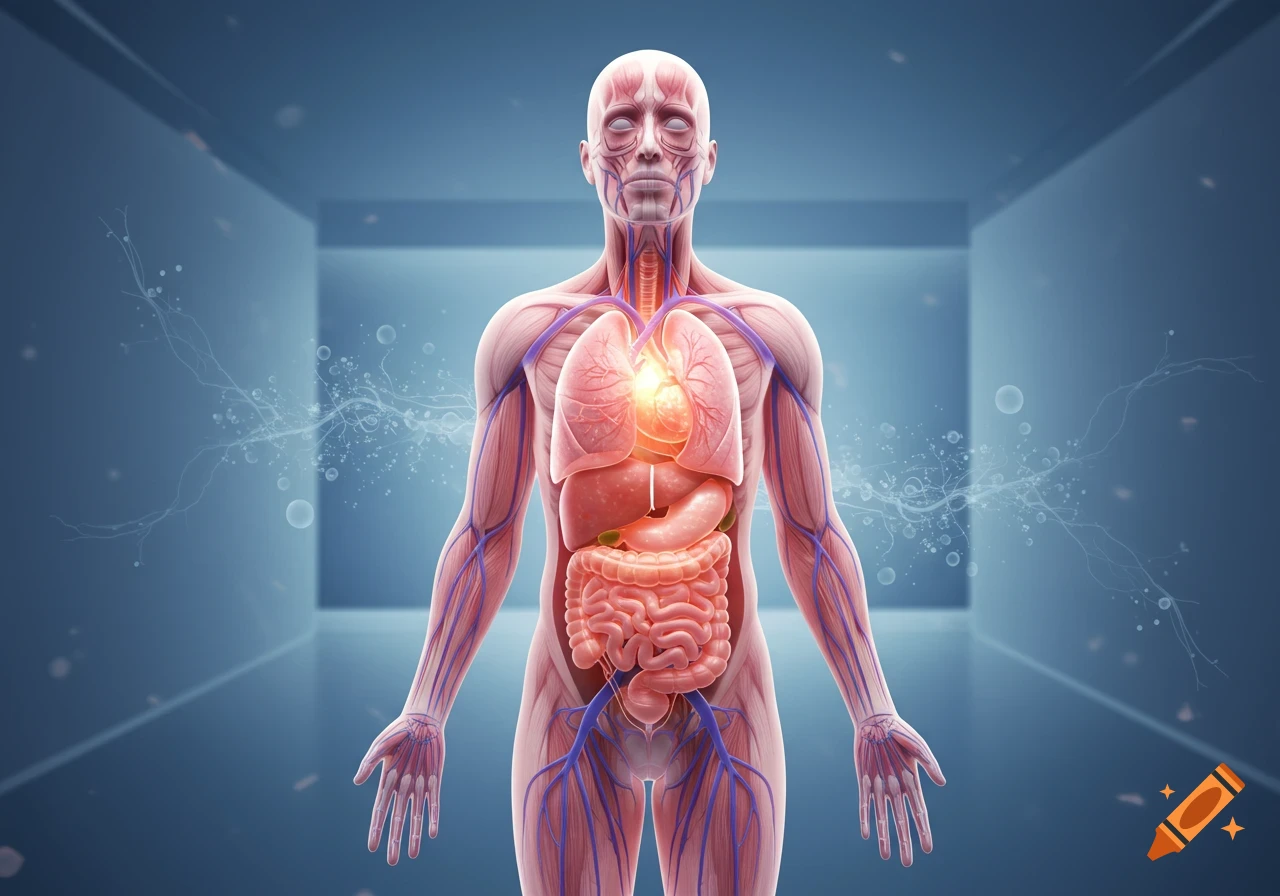 Medical illustration of the human body showing internal organs, muscles ...