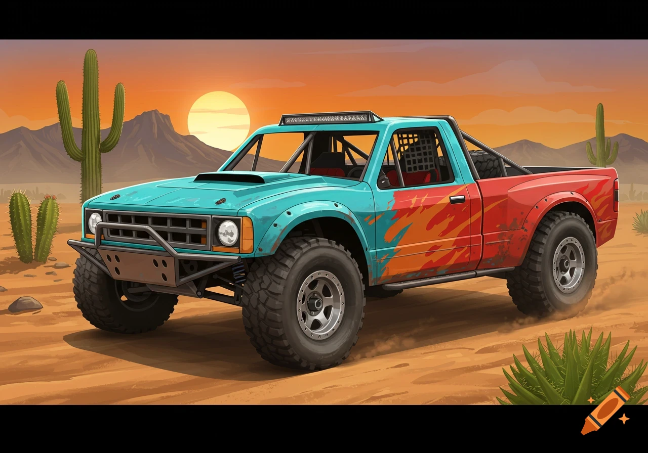 Illustration of a baja truck driving through a desert at sunset. on Craiyon