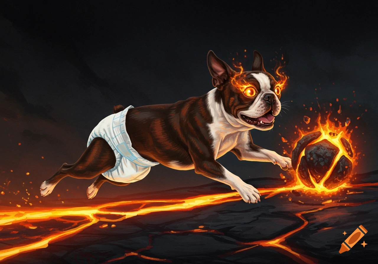 A Boston terrier with fire eyes, wearing a diaper, runs on cracked lava ...