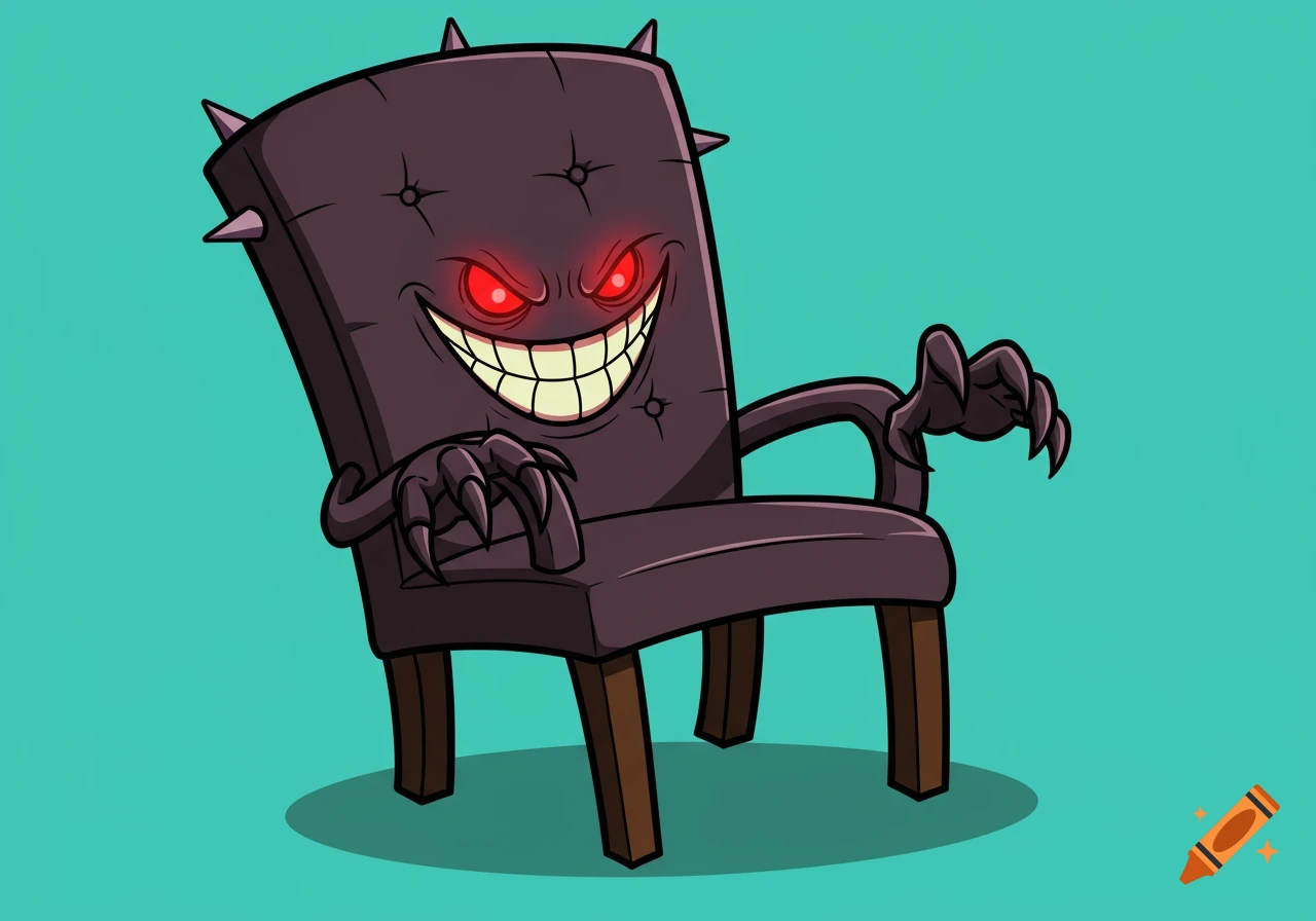 A cartoon evil chair with glowing red eyes and claws. on Craiyon