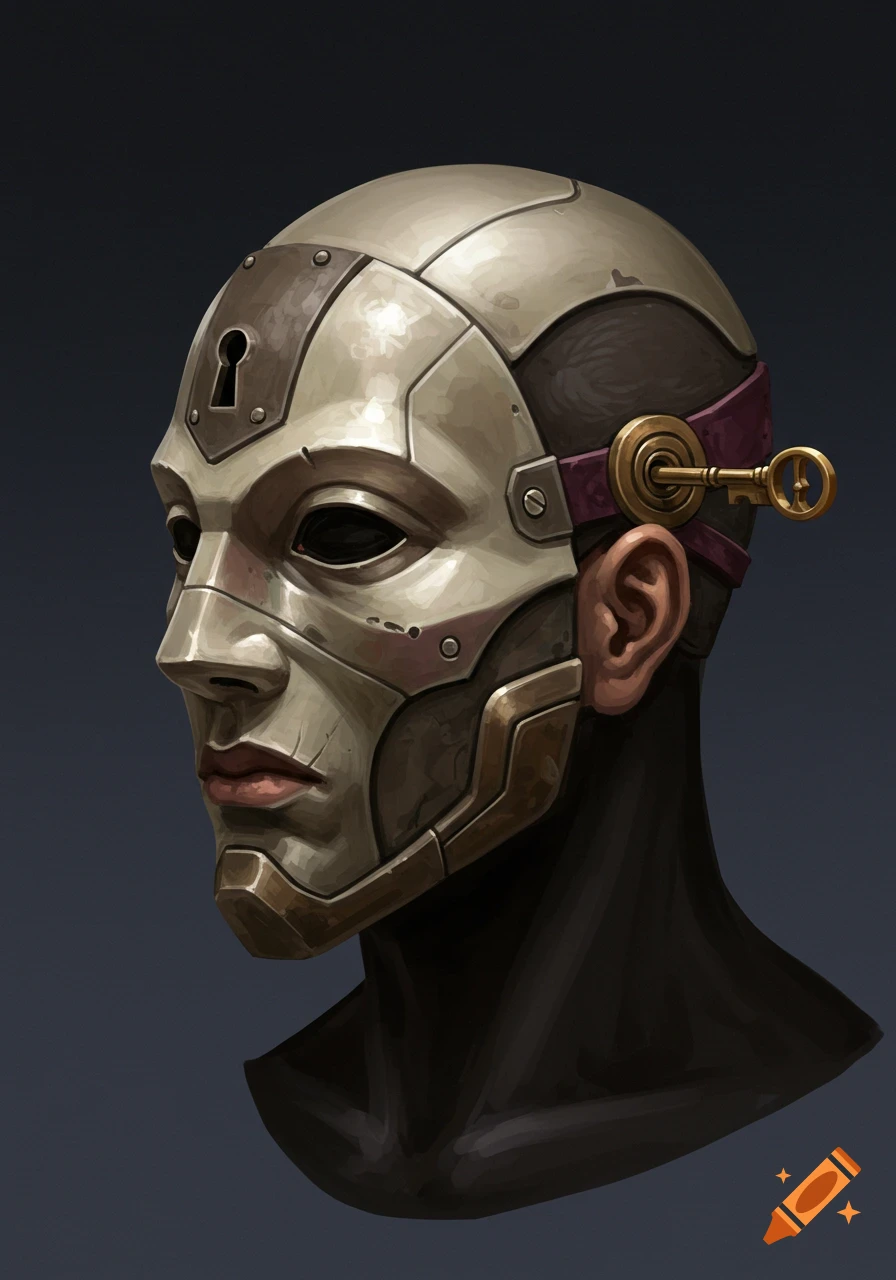 Stylized portrait of a metallic mask with keyhole and key mechanism. on ...