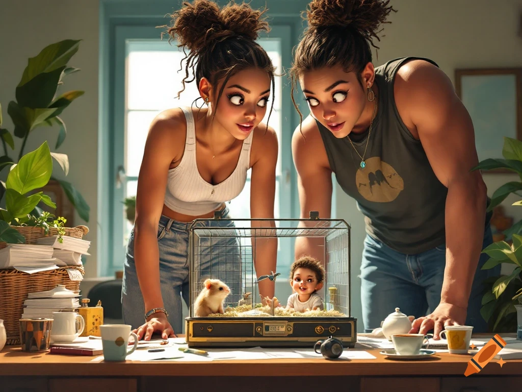 Two giant women peer into a cage on a desk containing a tiny baby and a ...