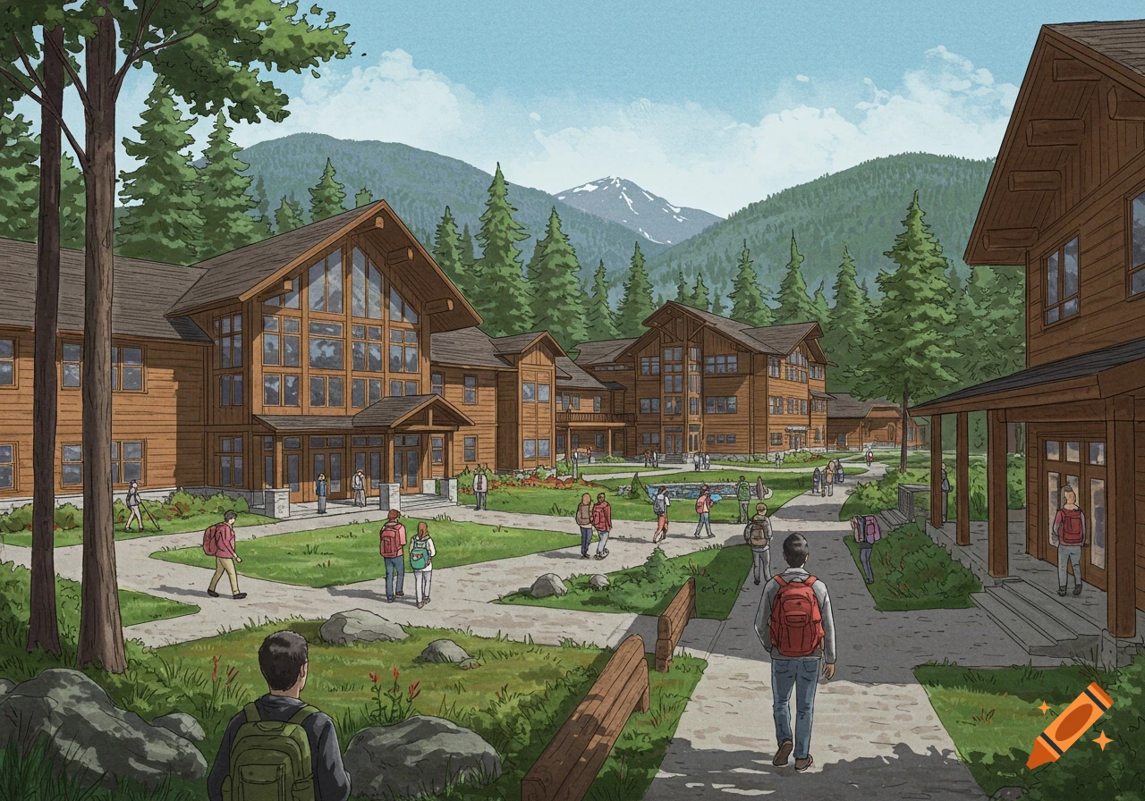 Illustration of a university campus with log buildings, students ...