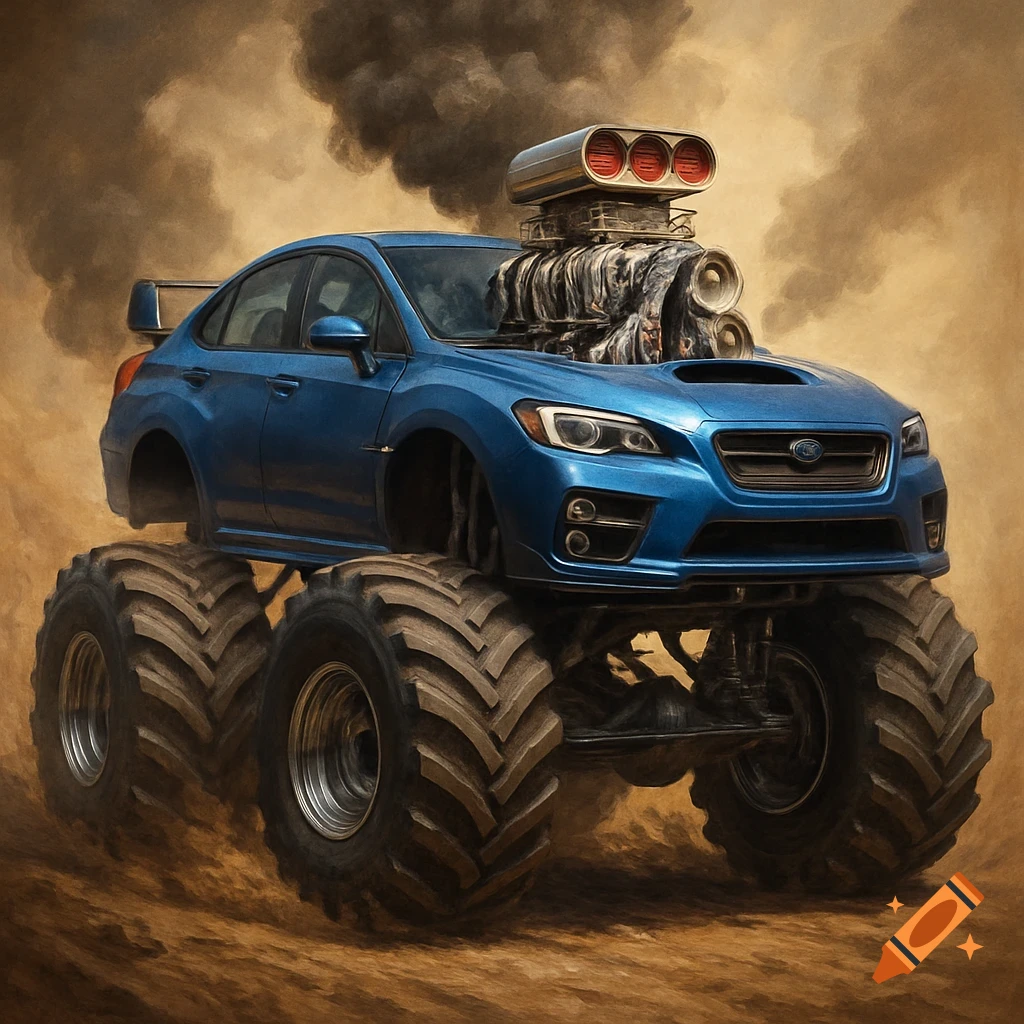 A blue Subaru WRX monster truck with a huge engine on top, kicking up ...