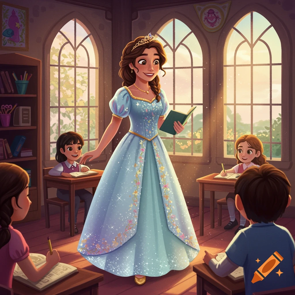 A cartoon princess teaches children in a sunlit classroom. on Craiyon