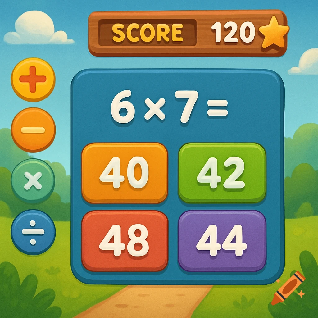 Cartoon math game interface with a multiplication problem, answer ...