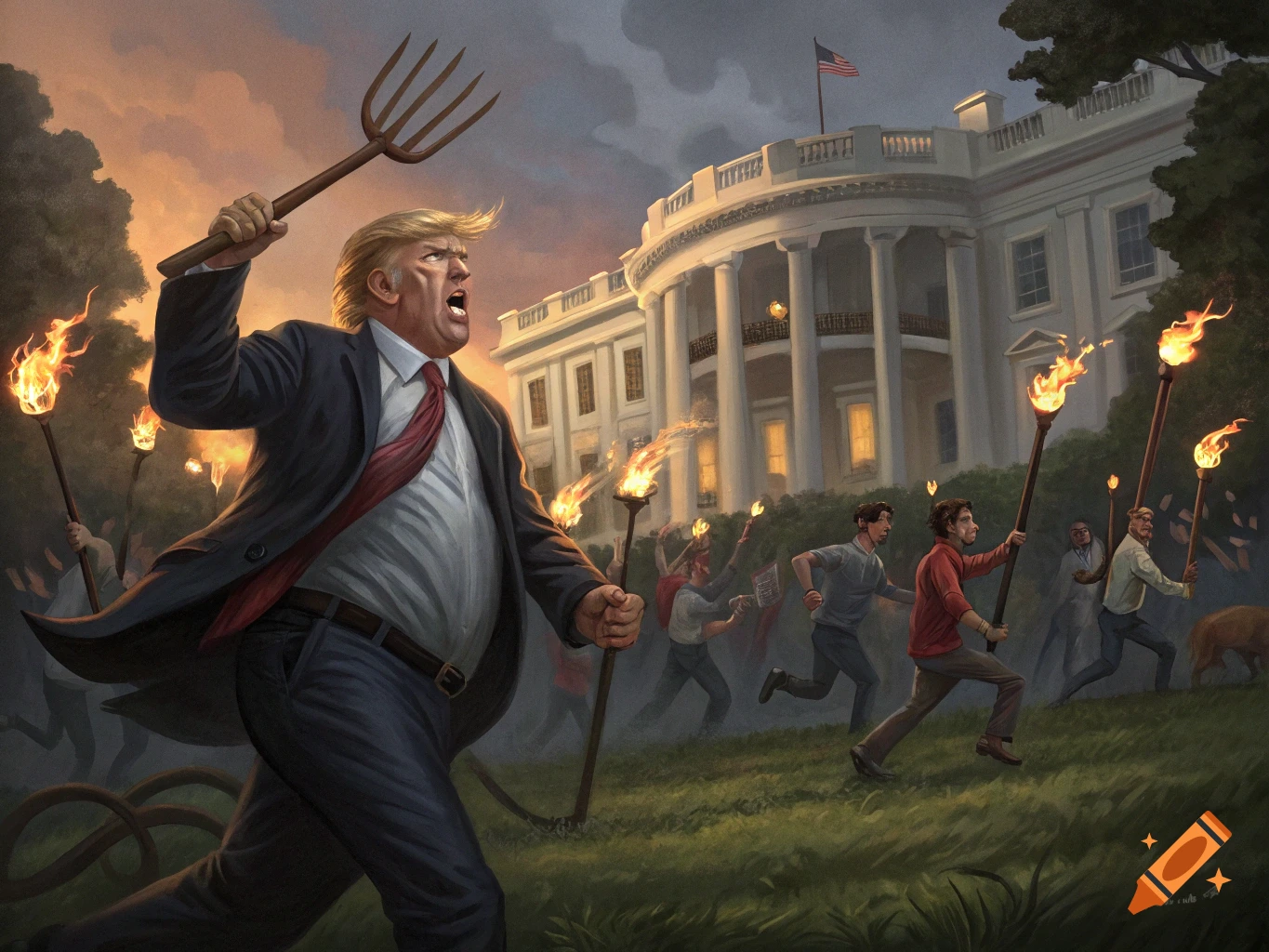Illustration of Donald Trump running from the White House, chased by a ...
