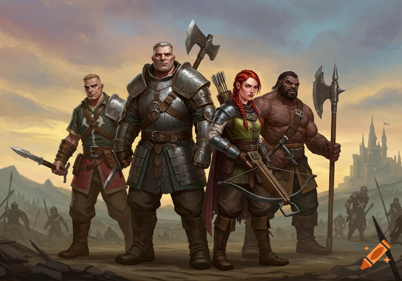 Four fantasy mercenaries in armor with weapons stand in a rocky ...