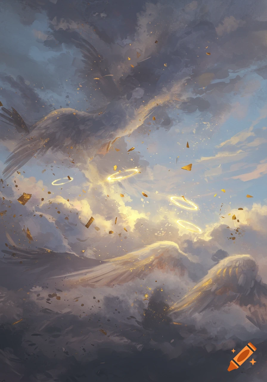 Angelic wings and halos soar through painted clouds with golden light and swirling particles. on ...