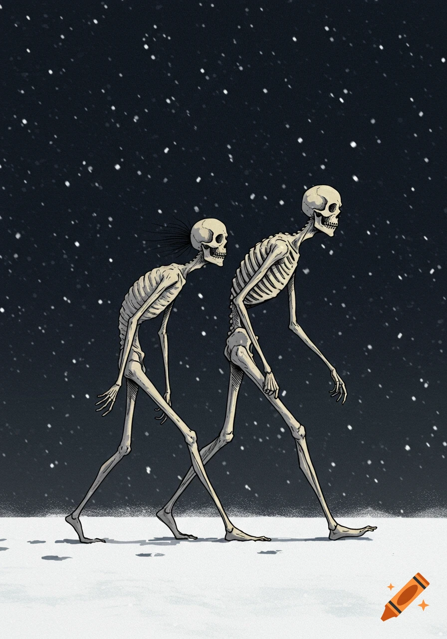 Illustration of two skeletons walking through falling snow at night. on ...