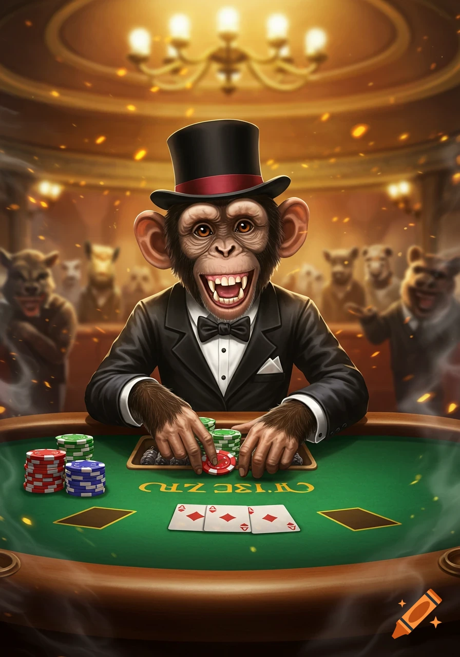 Chimpanzee in tuxedo and top hat playing poker at a table, digital art ...