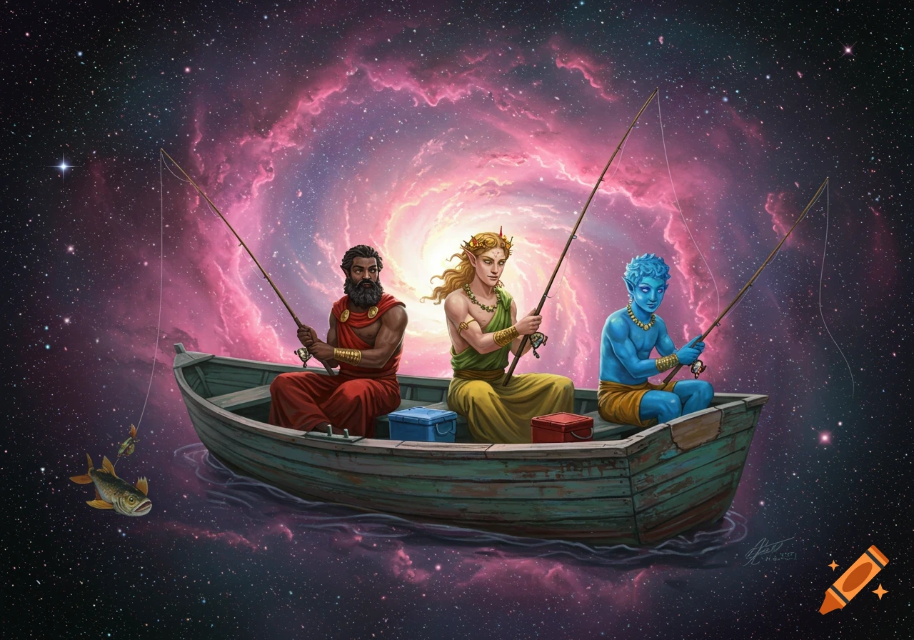 Three figures fish from a rowboat in a vibrant galaxy. on Craiyon