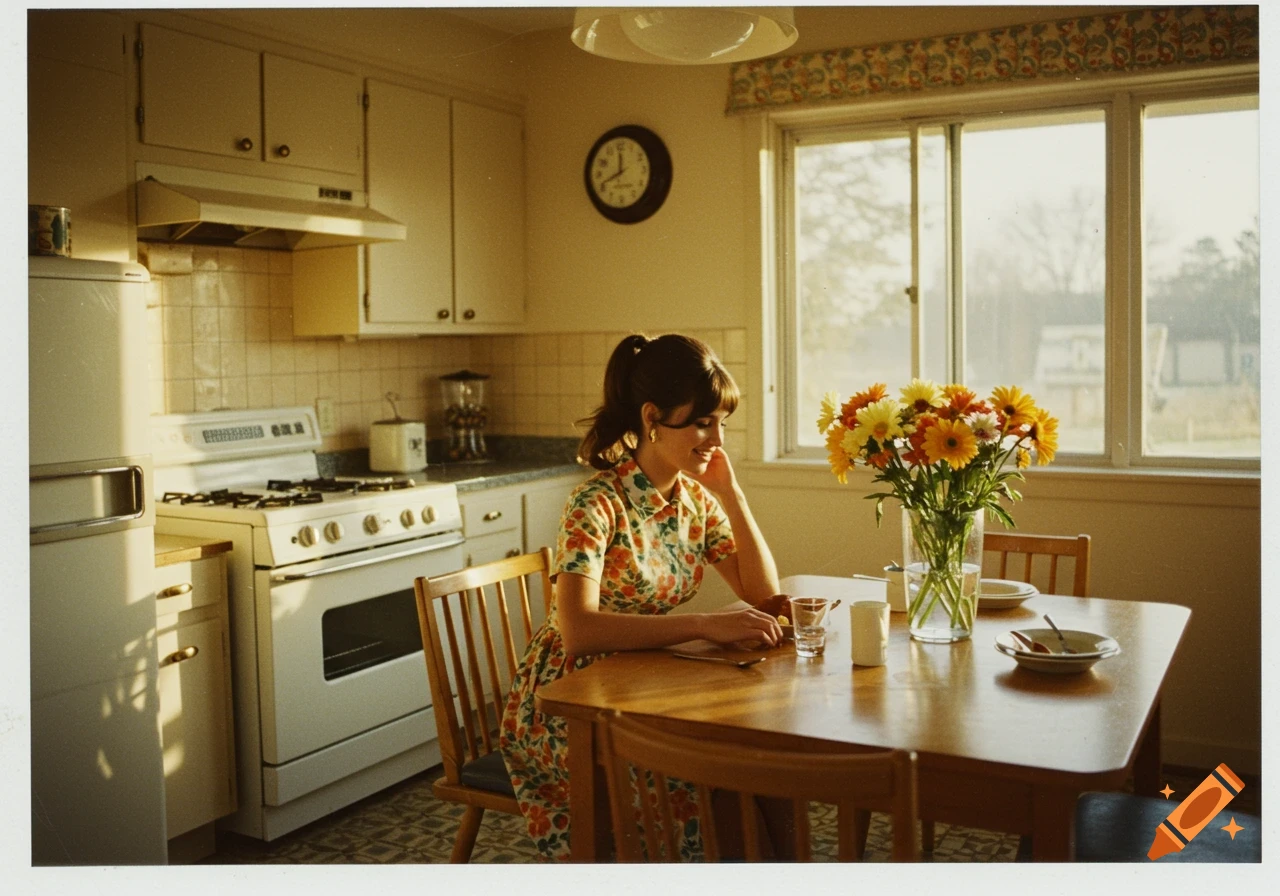 Vintage photo of a woman in a dress sitting at a kitchen table with ...