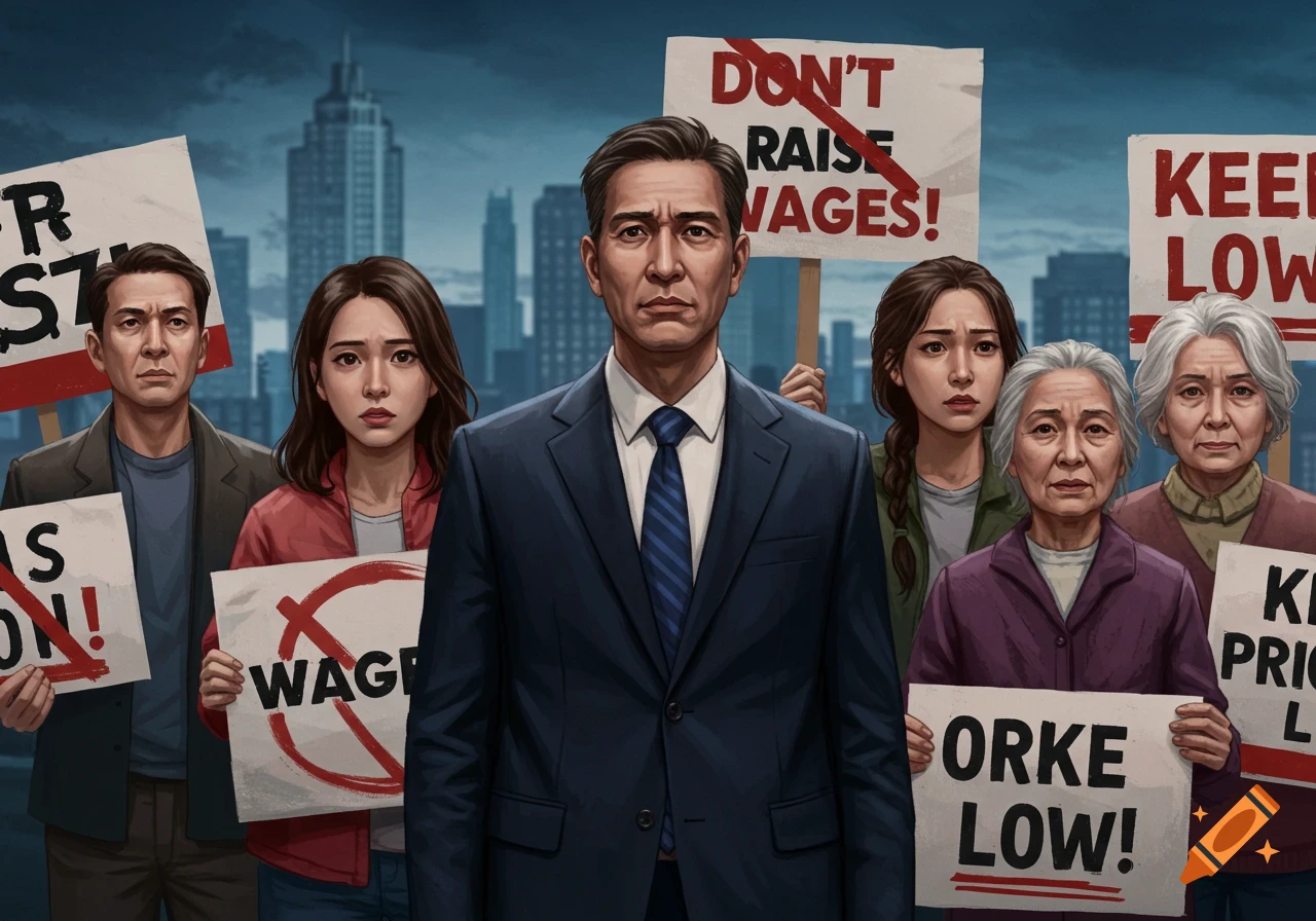 A group of diverse people, including a man in a suit, hold protest ...