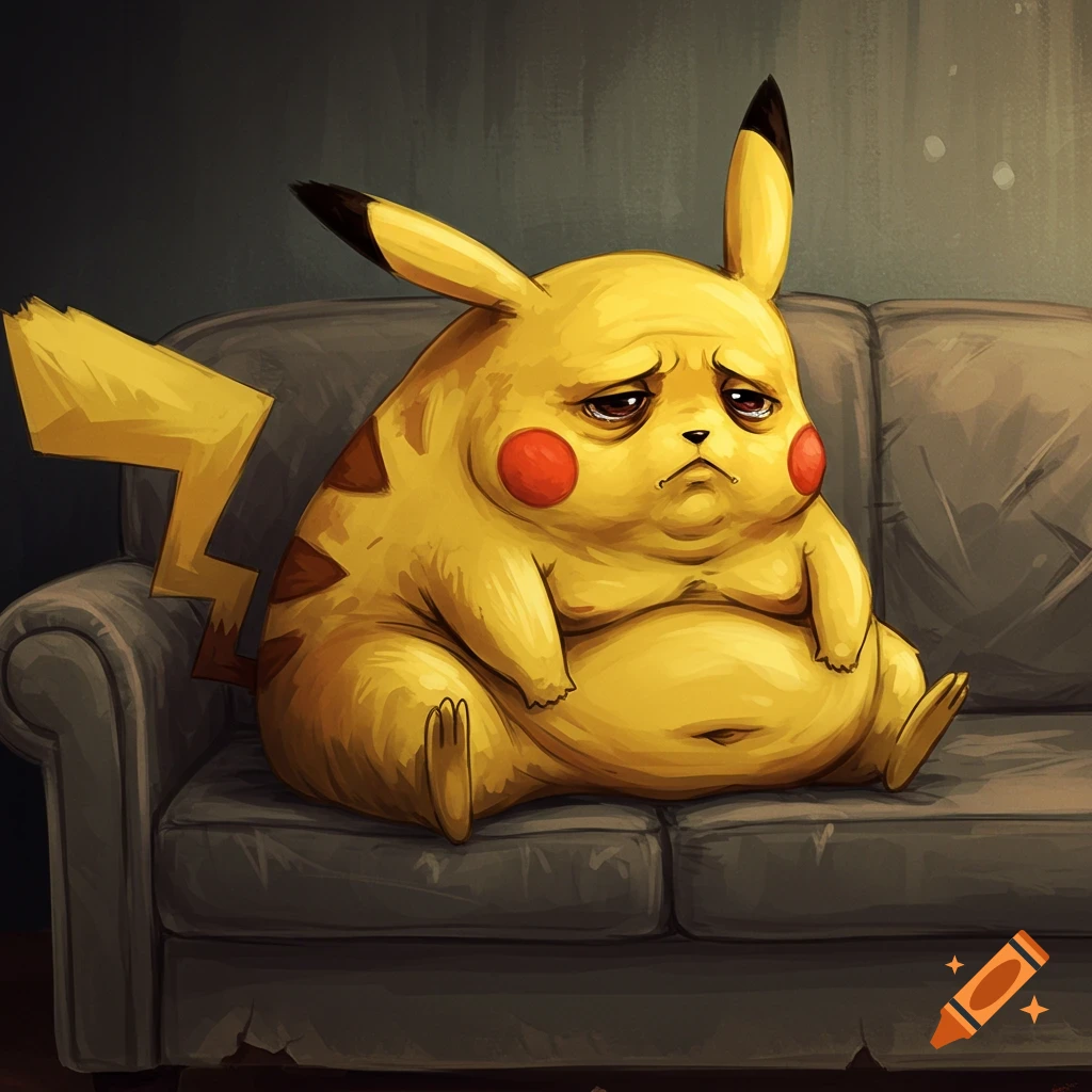 An illustration of a fat, sad Pikachu sitting on a couch. on Craiyon
