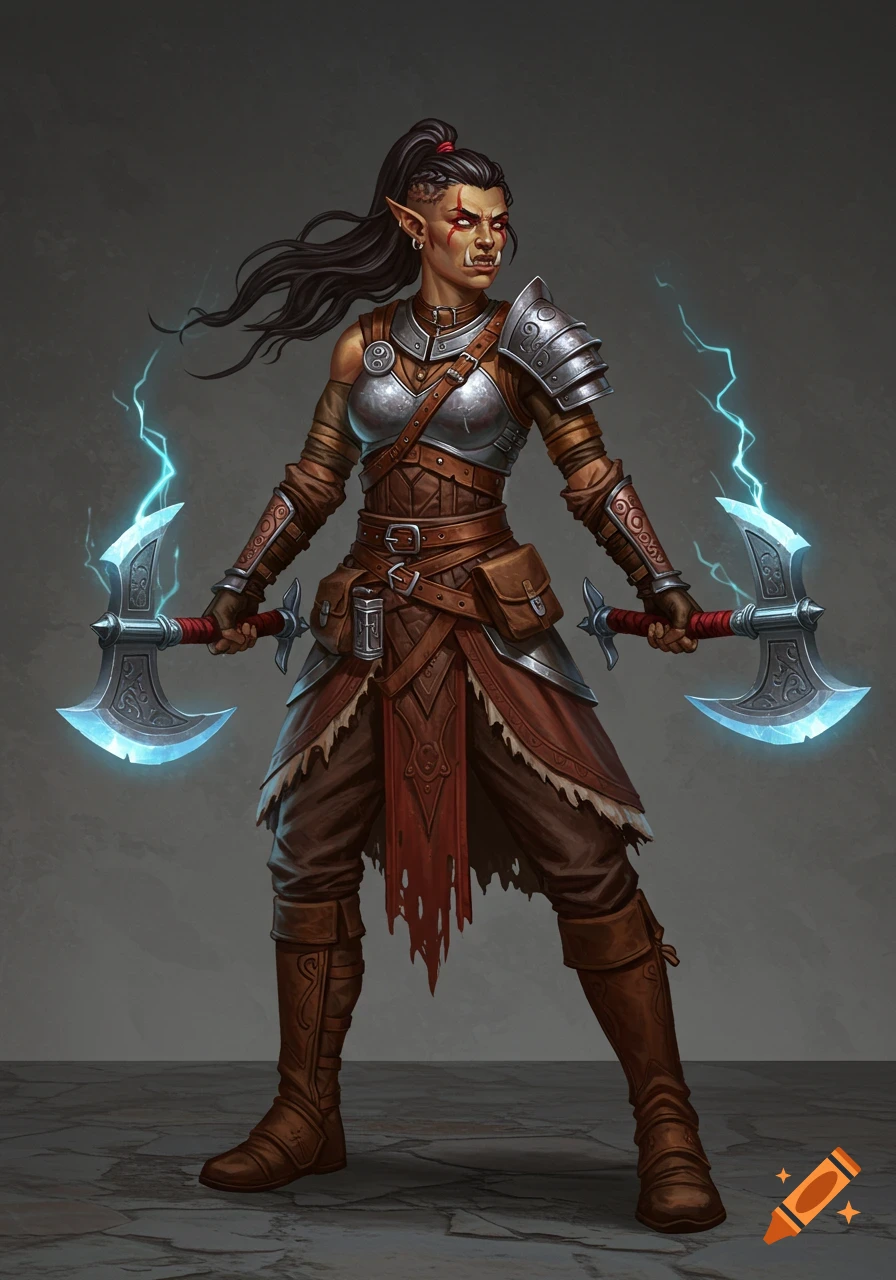 A female half-orc warrior holds two glowing axes. on Craiyon