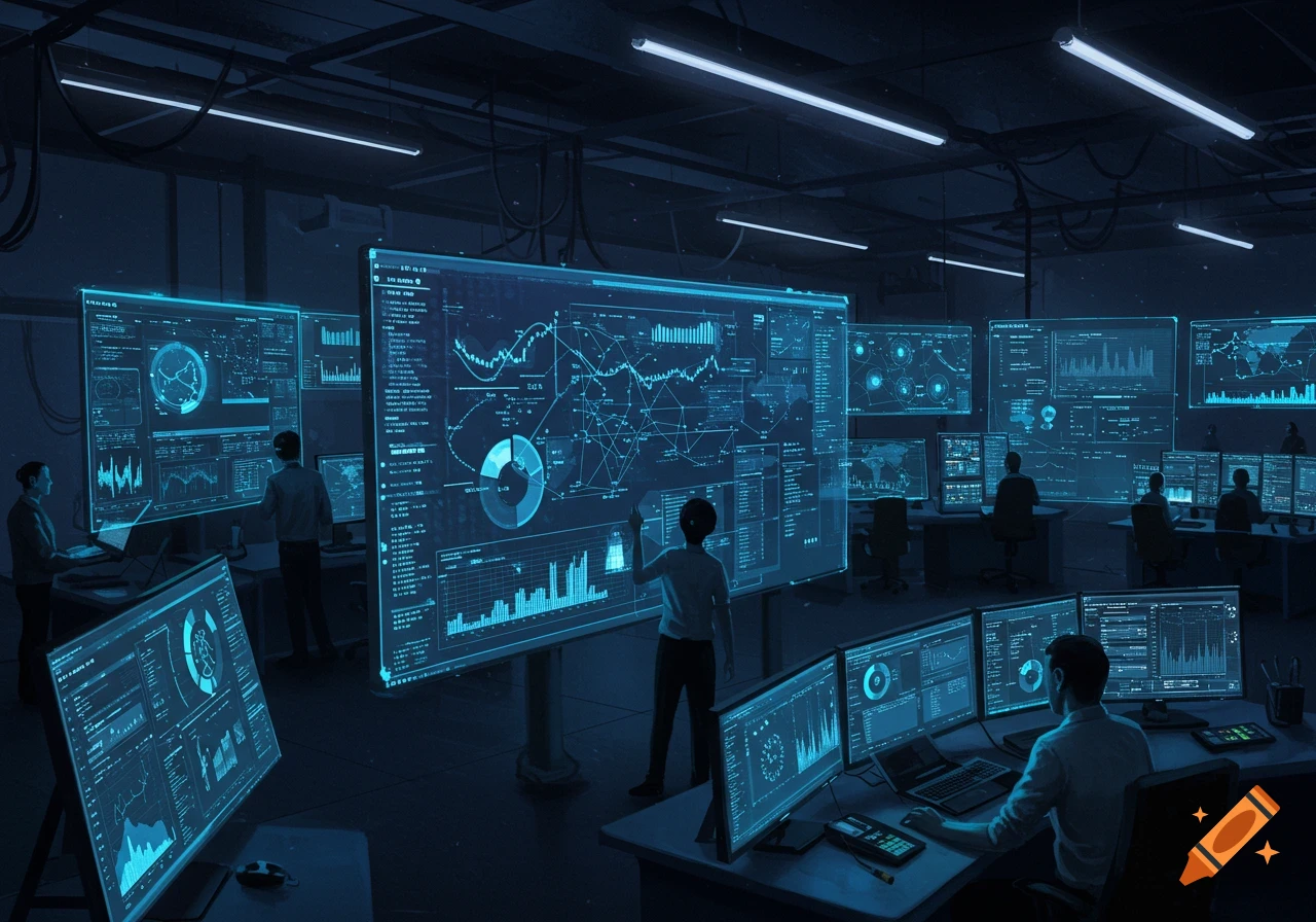 People work in a dark control room filled with large screens displaying ...