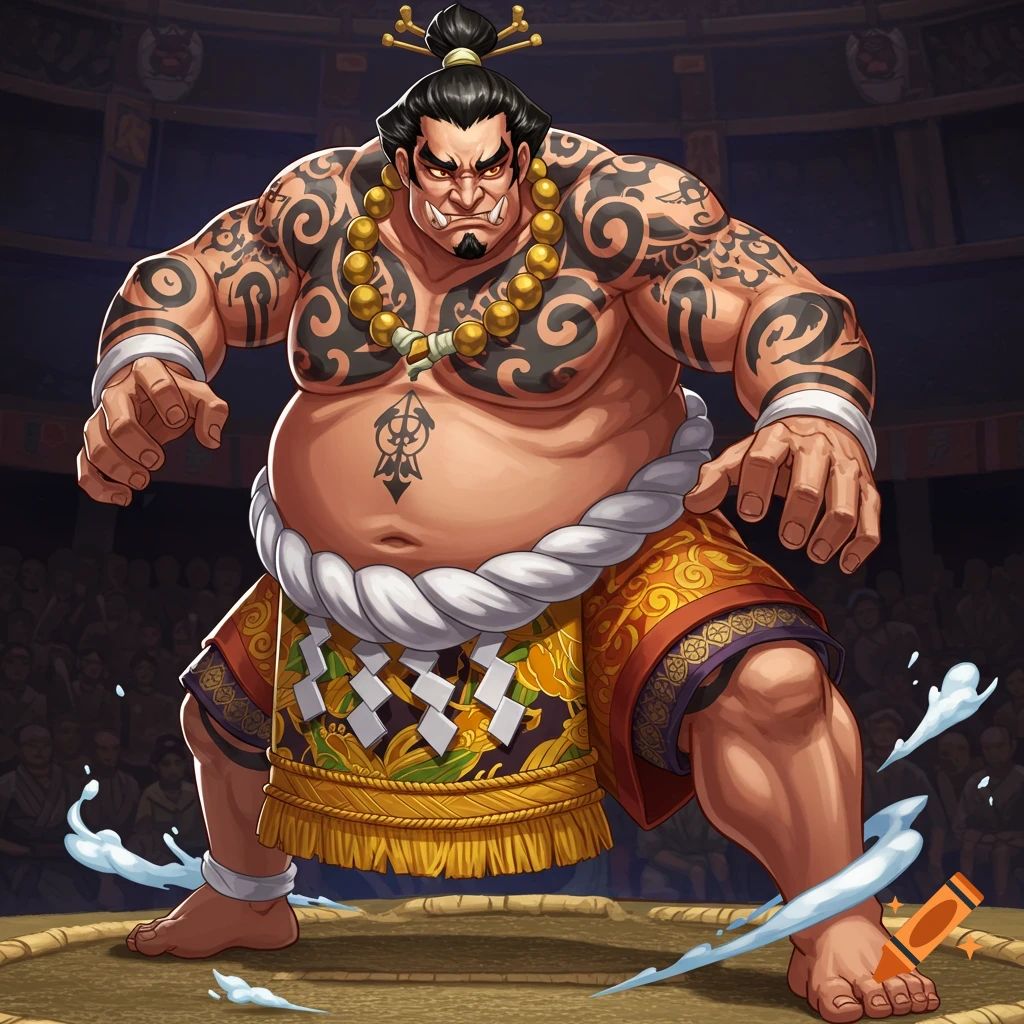 A stylized illustration of a muscular sumo wrestler with tattoos and ...