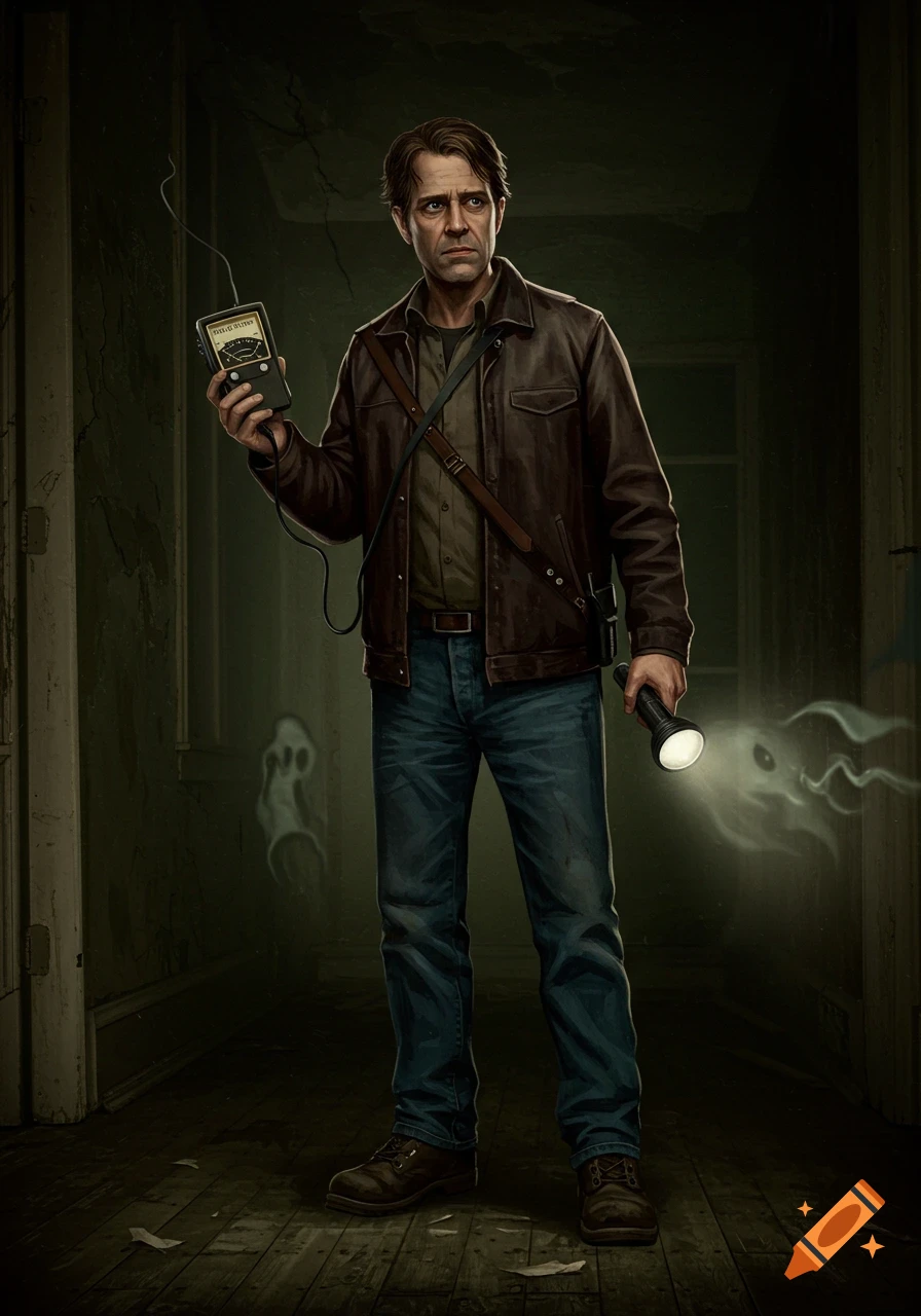 A man with a flashlight and EMF reader hunts ghosts in a dark ...
