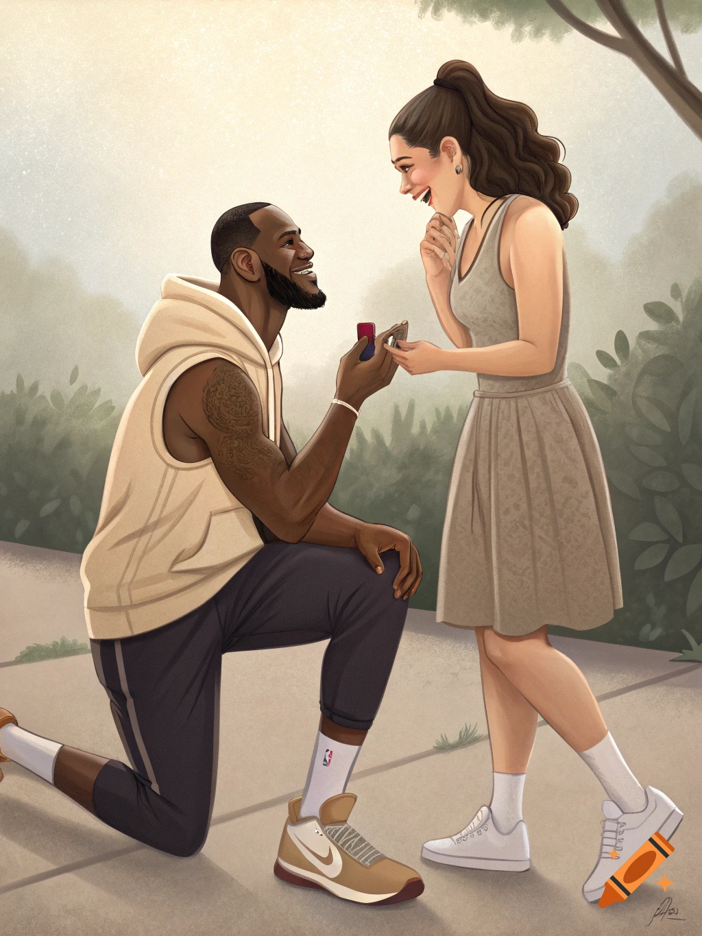 Illustration of Lebron James proposing to a woman outdoors on a path ...