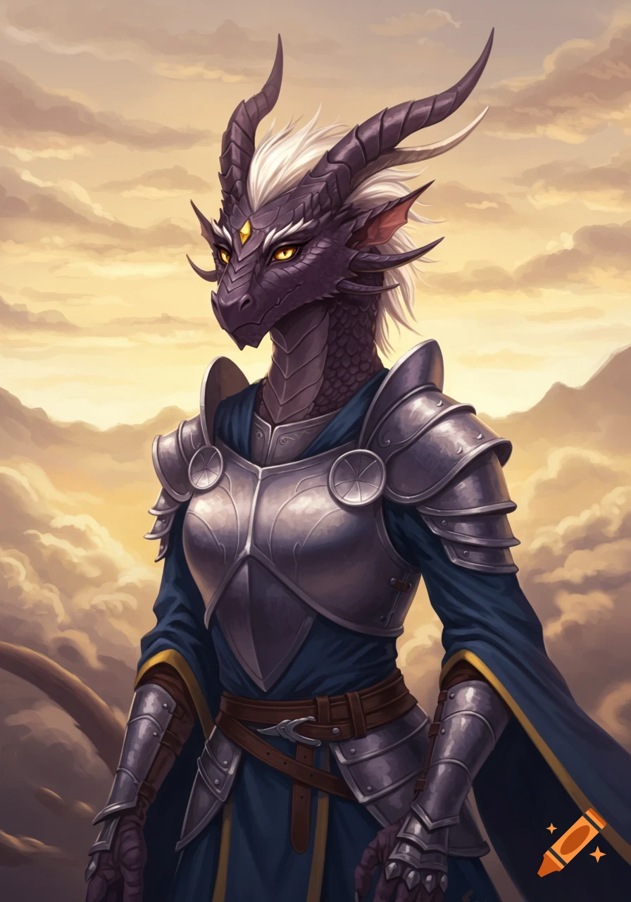 A purple dragon humanoid in silver armor and blue robes stands before a ...