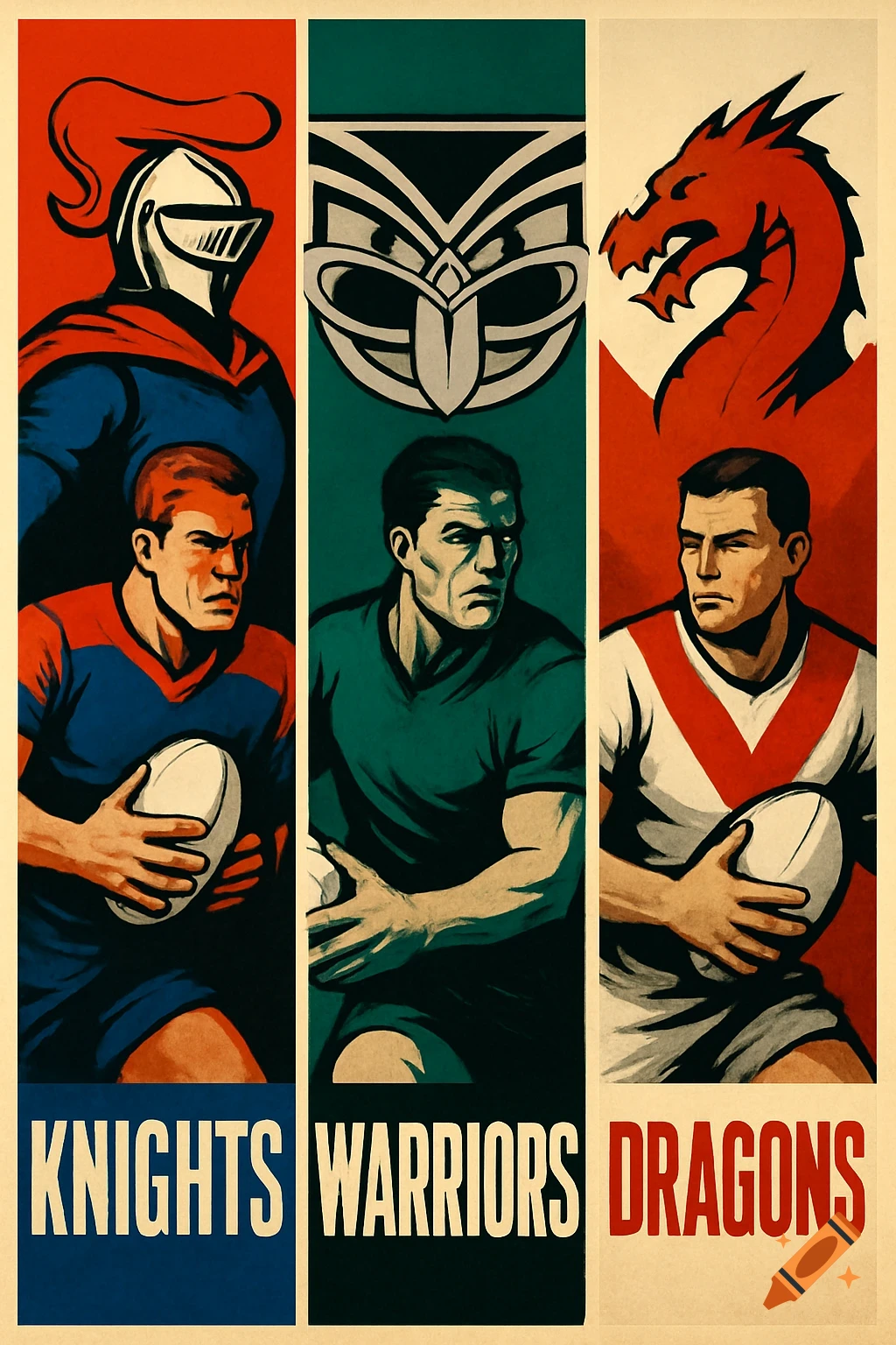 Poster with rugby players and symbols for Knights, Warriors, and ...